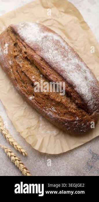 Freshly baked loaf of rye bread on crumpled parchment paper with wheat ...