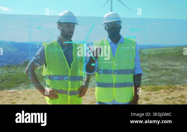 white and black engineers review hologram overlay for hybrid energy ...
