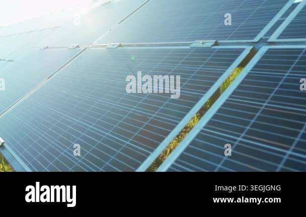 closeup solar panel array with sunlight reflection, detailed view of ...