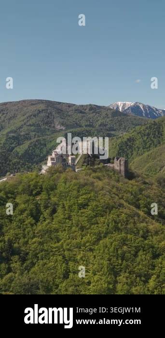 Aerial View of Mzovreti Monastery Complex in Georgia. Vertical Video ...