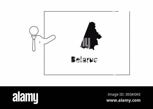 A simple line drawing shows a figure pointing to a map of Belarus on a ...