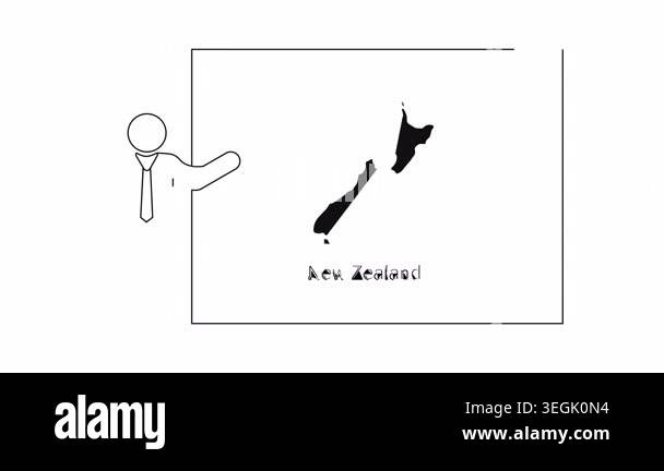 A simple line drawing shows a person in a suit pointing to a map of New ...