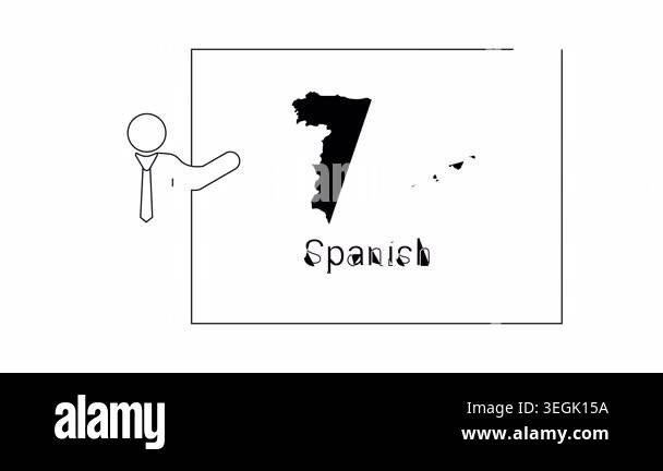 A simple line drawing shows a teacher pointing to a map of Spain with ...