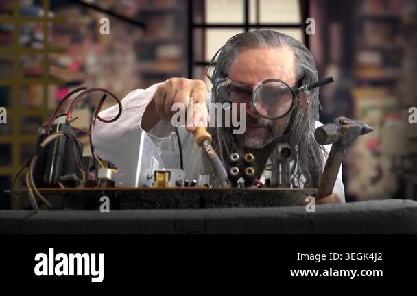Funny eccentric technician repairs retro electronic equipment with ...