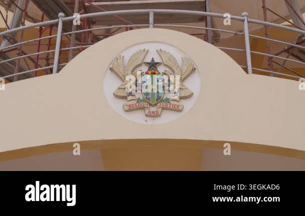 Close up of coat of arms of Ghana with motto Freedom and Justice ...