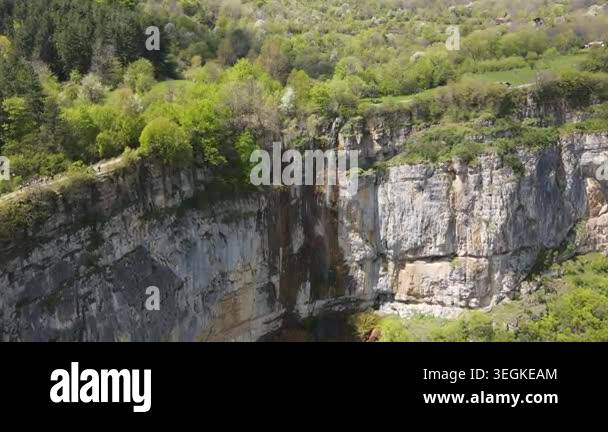 Aerial view of Skaklya Waterfall near village of Zasele, Balkan ...