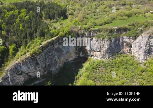 Aerial view of Skaklya Waterfall near village of Zasele, Balkan ...