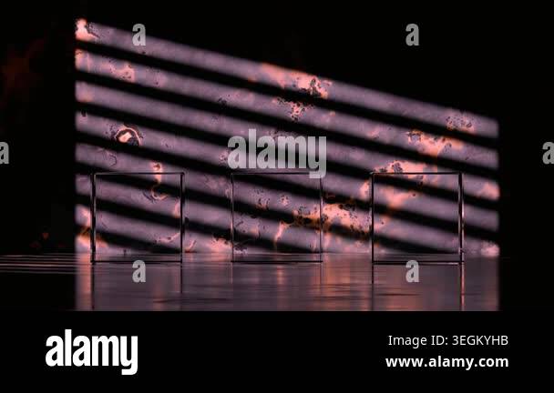 A row of glass cubes sits on a reflective surface with pink light ...