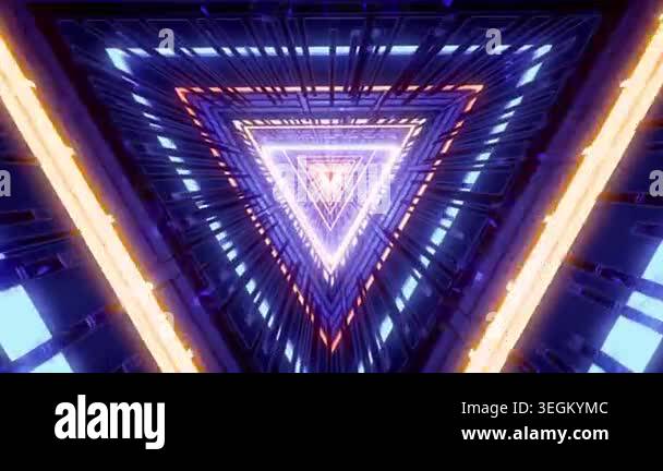 A futuristic triangular tunnel with purple and blue neon lights Stock ...