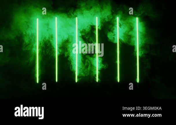 Abstract background with vertical green neon lights and swirling smoke ...