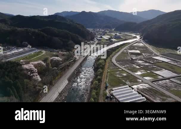 Aerial view of river and mountains landscape Stock Video Footage - Alamy