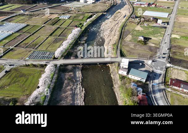 Aerial view of river and fields landscape Stock Video Footage - Alamy