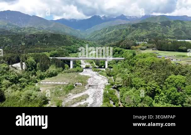 Aerial view of river valley and mountains Stock Video Footage - Alamy