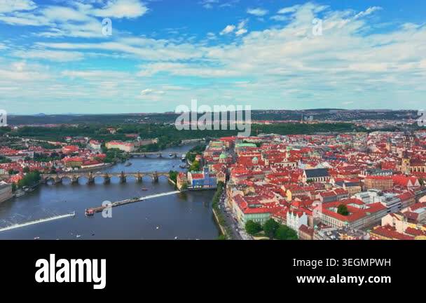 Prague historic bridges above Vltava river. Prague aerial view with ...