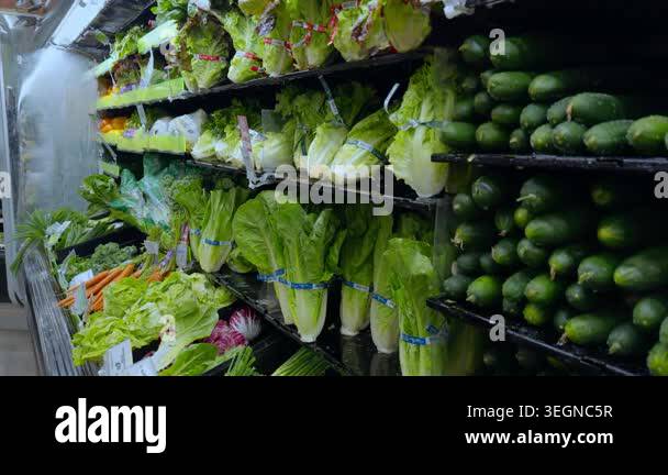 Fresh vegetables and leafy greens displayed in grocery store produce ...