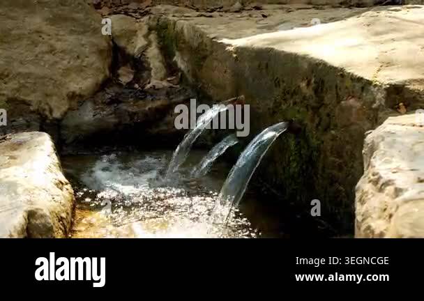Water flowing from a natural spring emerging from the rock Stock Video ...