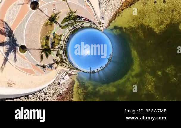 Aerial inverted warped tiny planet aerial video Miami Beach summer ...