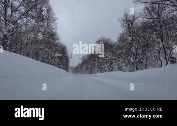 POV driving footage on a snow-covered winter forest road with deep snow ...