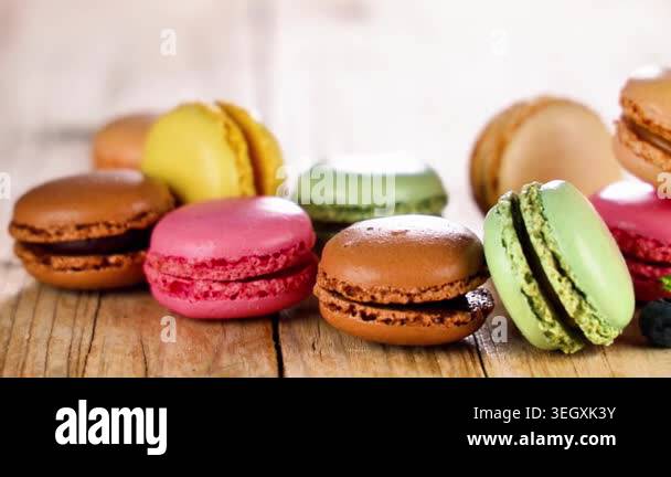 pastel macaroons, French food, biscuit,cookie,confectionery Stock Video ...