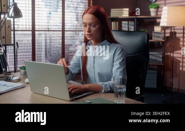 Exhausted Caucasian business woman typing laptop feeling eyes ...