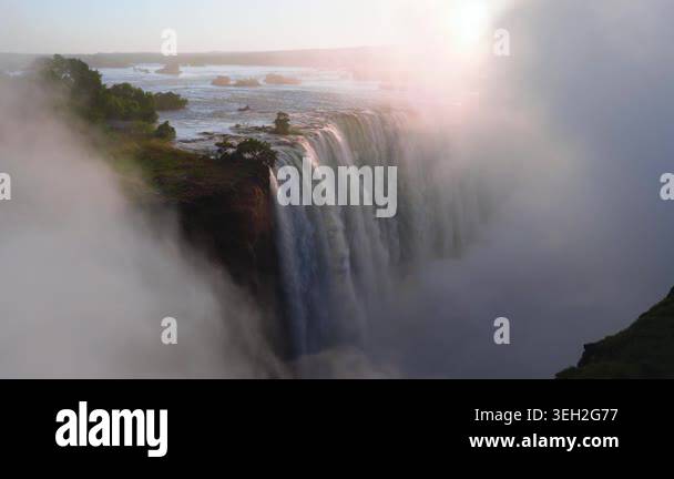 Aerial view of Victoria Falls on the Zambezi in Zimbabwe as torrents ...