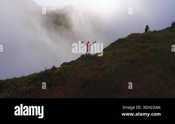 Aerial sunset view shows Victoria Falls in Zimbabwe as water plunges ...