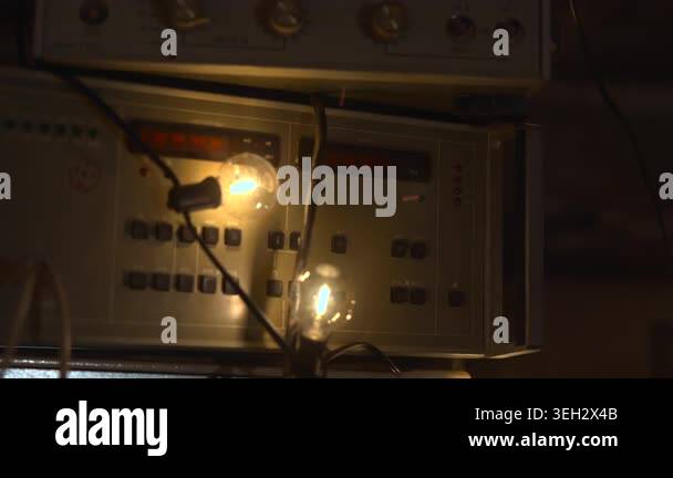 Vintage Equipment With Glowing Bulbs, Analog Meter And Tangled Wires On ...