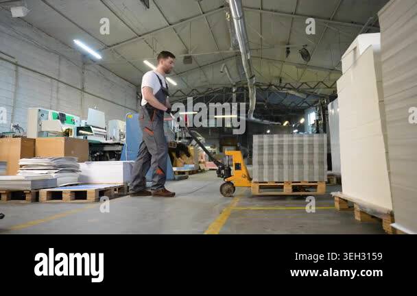 Young male worker in overalls transporting a large stack of printed ...