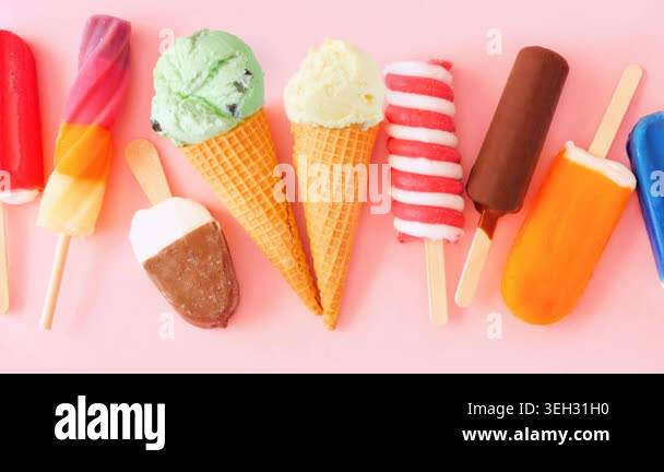 Variety of colorful summer popsicles and ice cream treats. Slow ...