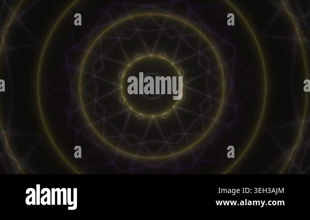 Glowing geometric patterns on black background with concentric circles ...