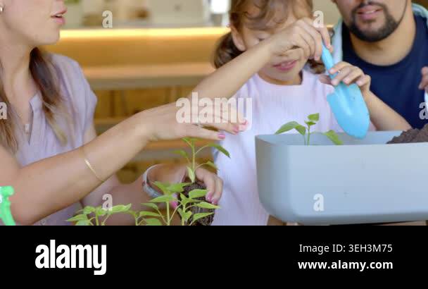 Family parents girl planting into grey planter at table with blue ...