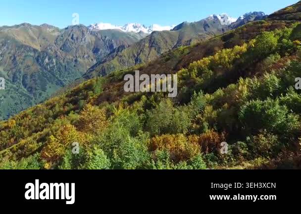 Aerial autumn colors over alpine meadows on steep slopes in the Ural ...