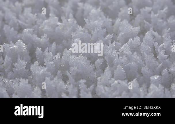 Crystal hoarfrost rime layer accumulated on a cold winter surface ...