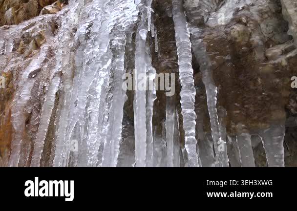 Many crowded icicles cover a natural frozen waterfall in cold air in ...