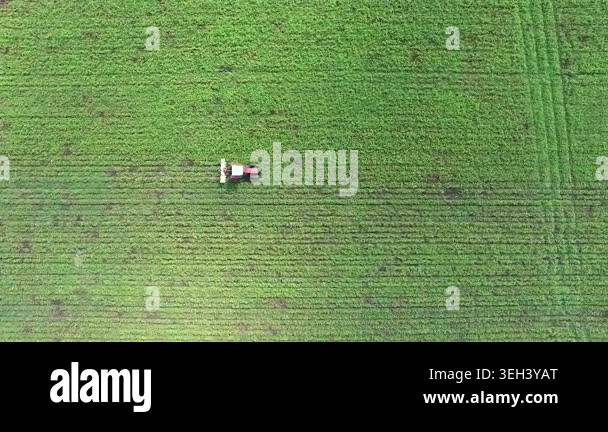 Red tractor with white cab working across sunny green field in aerial ...