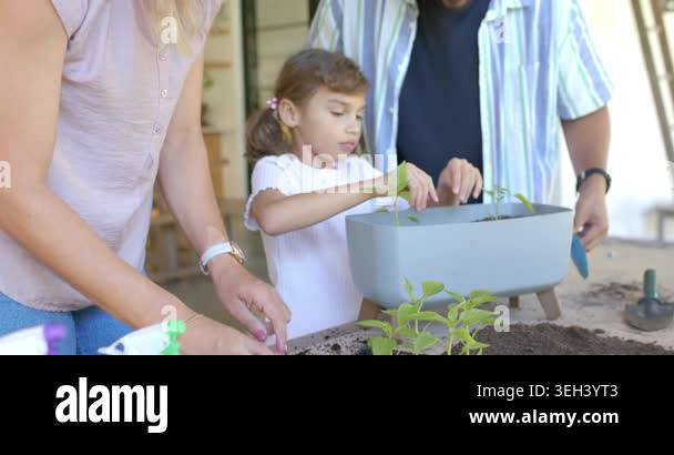 Family guiding child planting seedlings on patio table while man ...