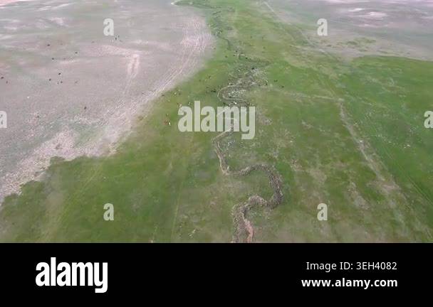 River cuts through barren hills in Turkmenistan, bringing green ...