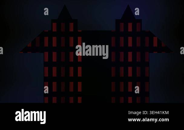 A dark cityscape with two buildings lit by red lights at night Stock ...