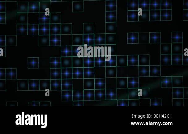 Glowing blue squares on black background with green outlines Stock ...