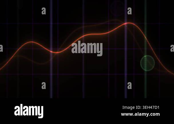 A neon light waveform data visualization graph on a black background ...