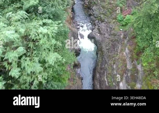 Aerial view of narrow river flowing between steep rocky canyon walls ...