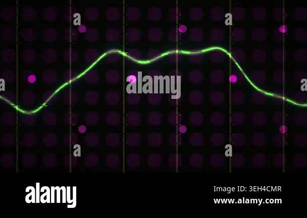 A green line graph displayed on a black background with purple dots ...