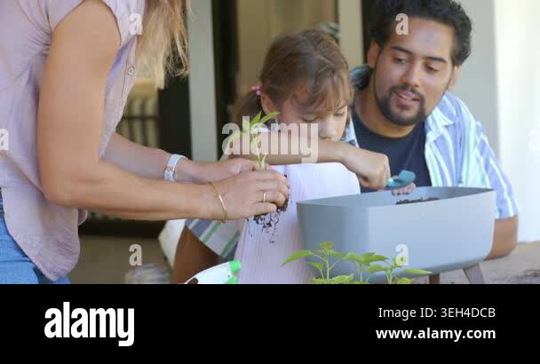 Child girl planting seedlings on porch table, using small blue trowel ...