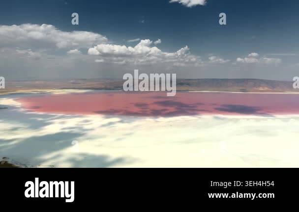 Aerial views trace a pink salt lake shoreline with shallow water ...