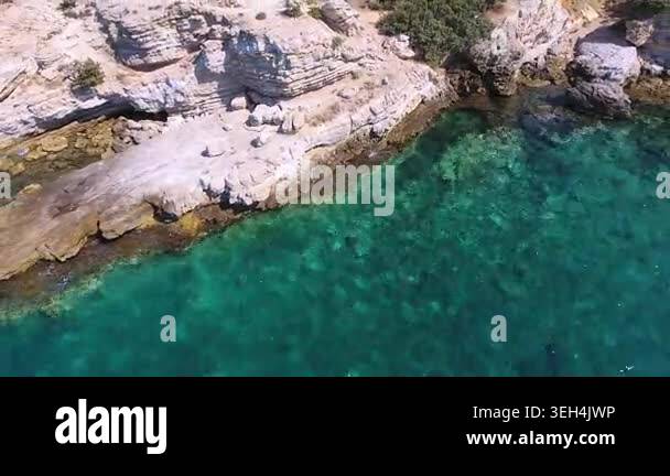 Aerial drone view of rocky Chile coastline with natural vegetation ...