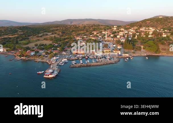 Aerial drone view of Ildir village and mosque on the Turkey coast near ...
