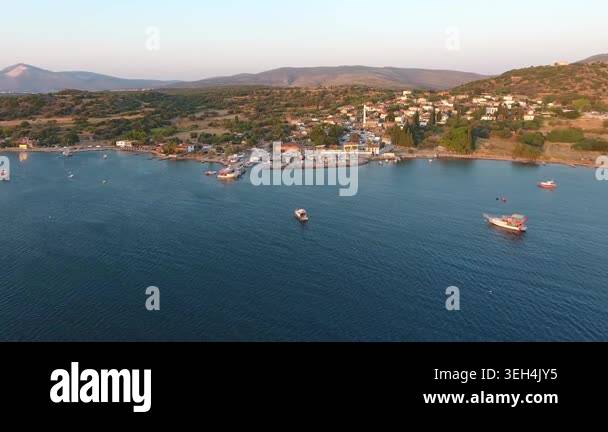 Aerial drone view of Ildir village and mosque on the Turkey coast near ...
