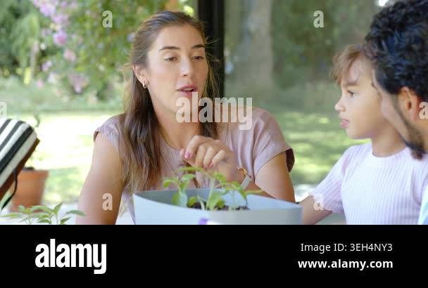 Family woman demonstrating seedlings, speaking and touching soil to ...