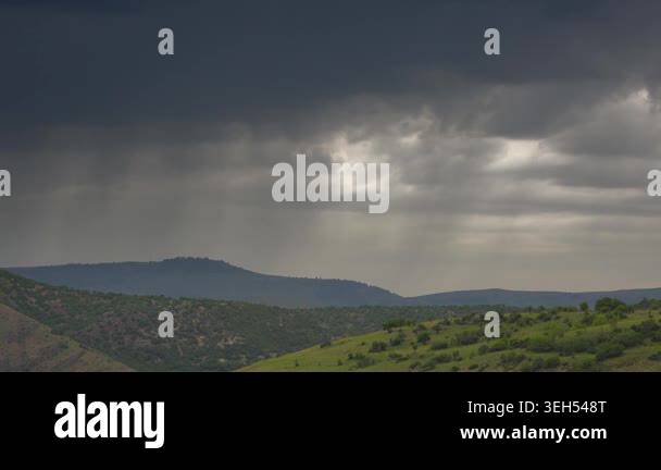 Heavy rain falls through natural landscape, dense water curtain and wet ...