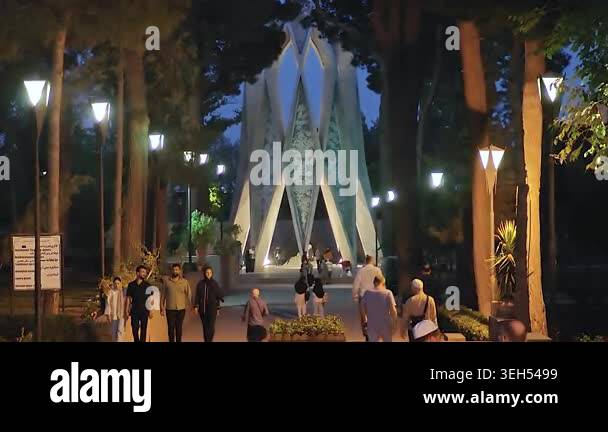 Omar Khayyam Mausoleum rises at night with geometric ornament and ...